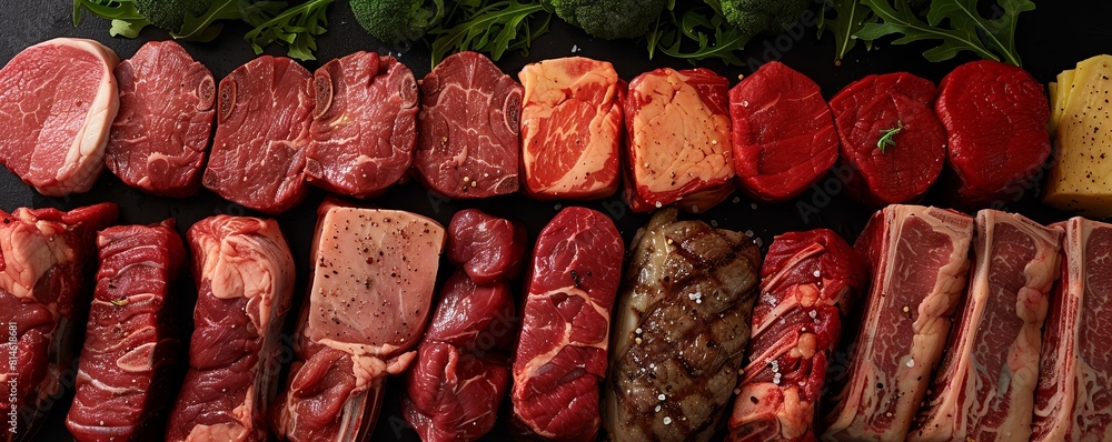 Overhead look at various butcher cuts of meat. Prime steak ready for ...