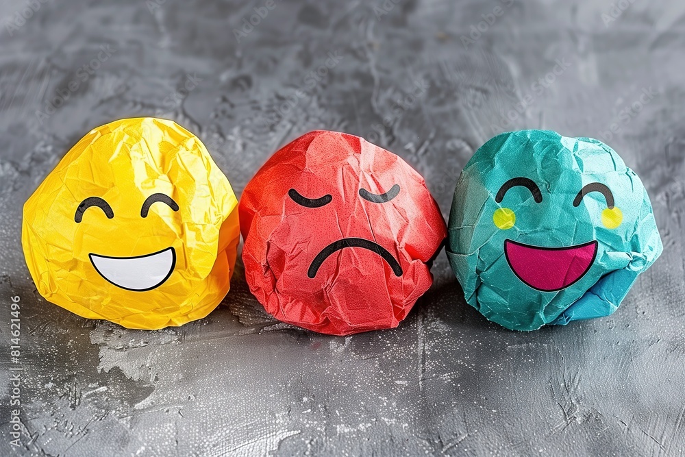 Mood. Emotions. Three crumpled paper balls in yellow, red and turquoise ...