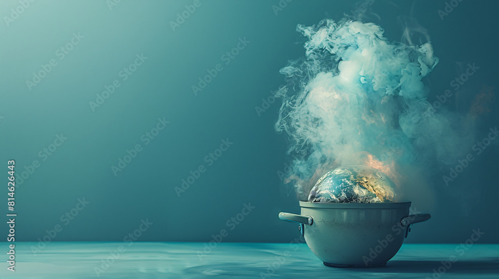 On a simple, minimalist background, a pot is shown boiling with the ...