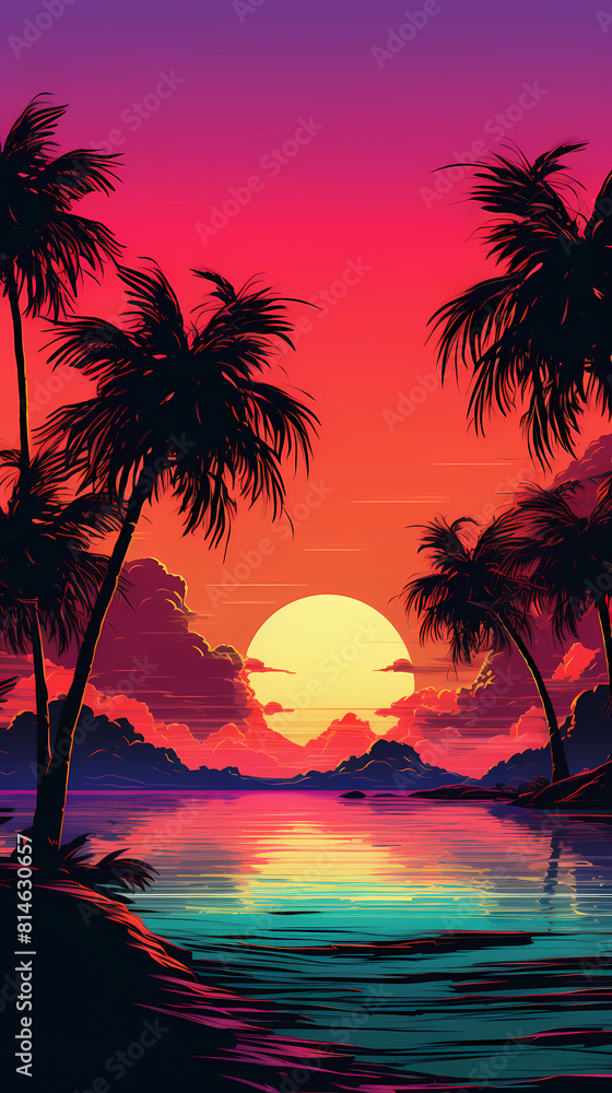 Tropical beach with palm trees at sunset background. Vivid retrowave ...