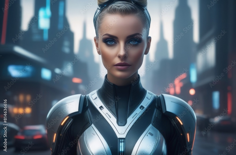 A futuristic frontal portrait woman , her appearance exudes advanced ...