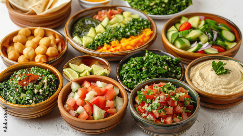 Lebanese national cuisine, dishes in plates and bowls on the table ...