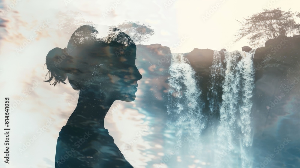 A woman is standing in front of a powerful waterfall, looking up at the ...