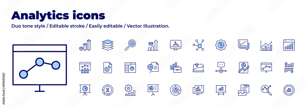Analytics icons collection. Duo tone style. Editable stroke, analysis ...