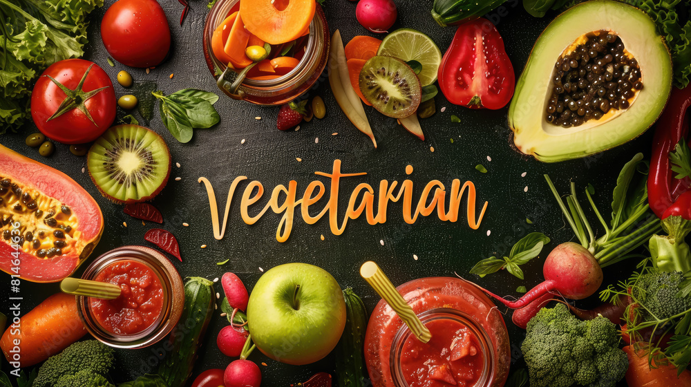 inscription vegetarian on a black background framed by fruits and ...