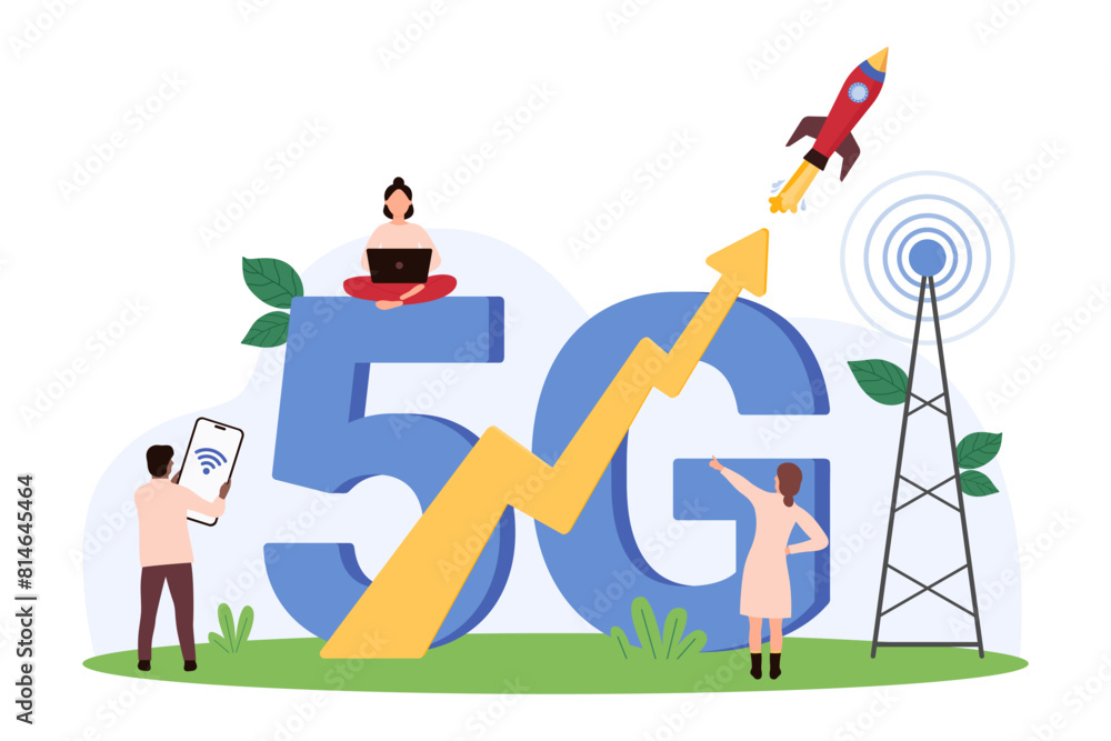 5G high speed network connection. Tiny people upload data and surf ...