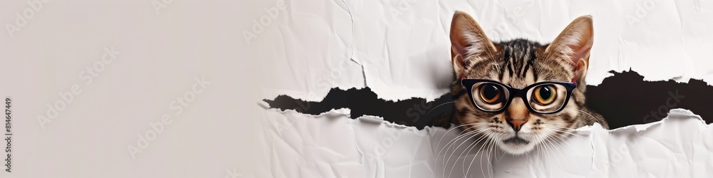 A cute cat looks through a ripped hole, a white paper background, and ...