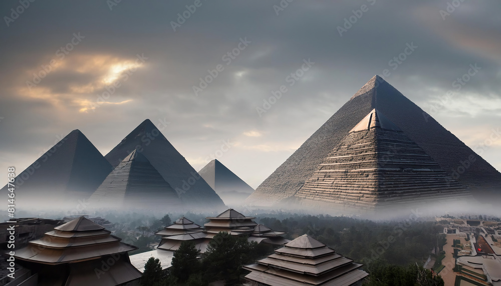 Fantasy illustration of ancient temples in shape of pyramid in the ...