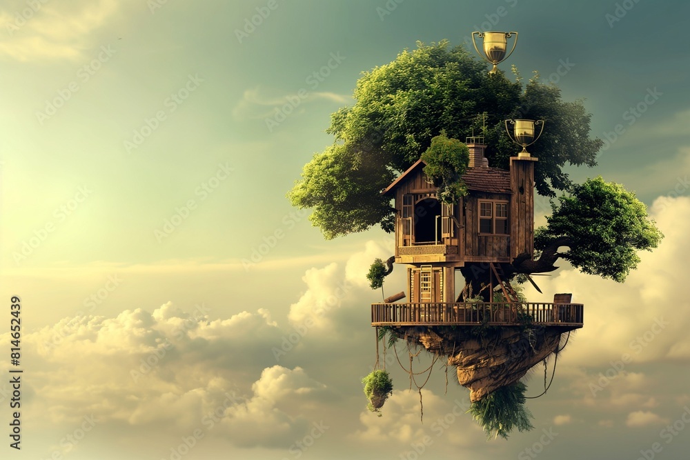 The photo shows a treehouse floating in the sky. The treehouse is made ...