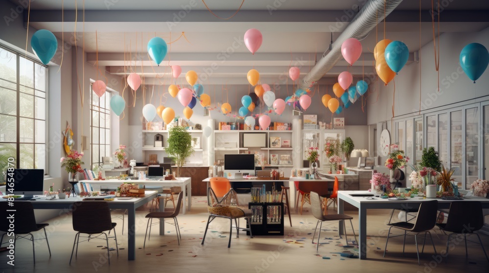 Generative AI Office conference room transformed into a birthday party ...