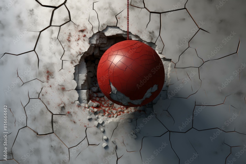 Powerful red wrecking ball breaking a cracked white wall, depicting ...