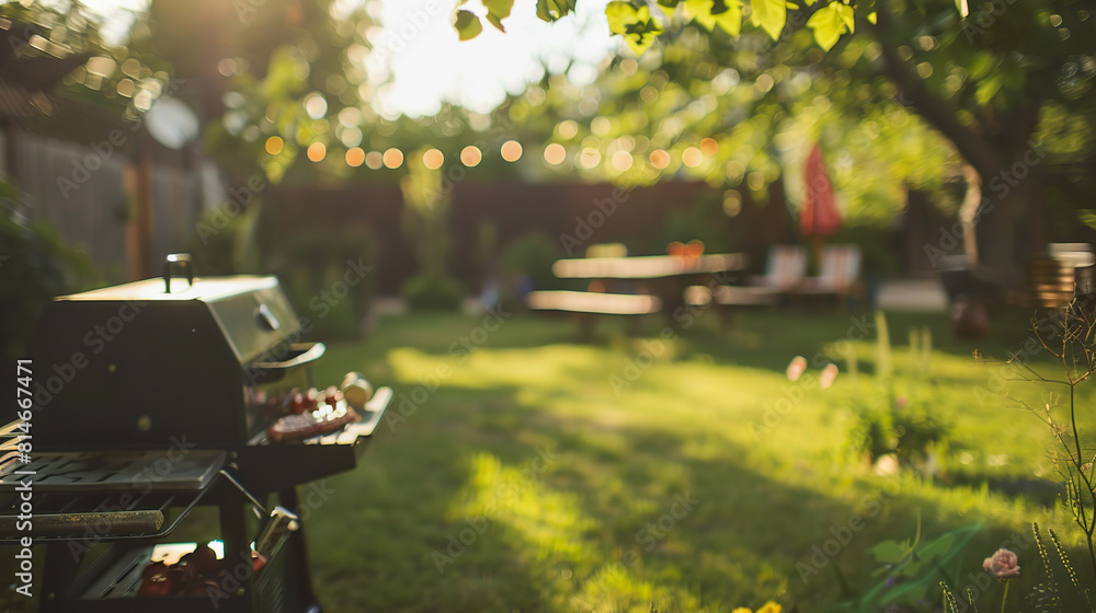 Summer backyard BBQ scene with blurred grill, copy space background ...