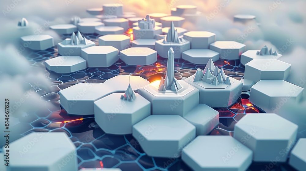 A 7 different hexagonal tiles an isometric perspective which illustrate ...