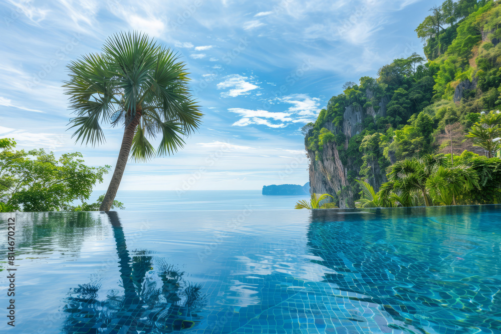 Luxury infinity pool with rainforest view below sunny blue sky Stock ...