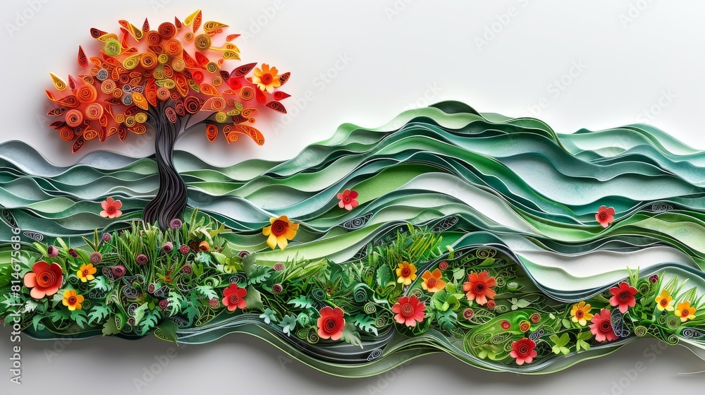 Using the quilling technique, a landscape with a flowering tree is ...