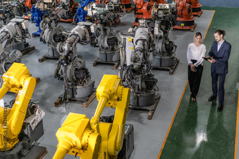 Robotic engineer manager walking his female customer through plant tour ...