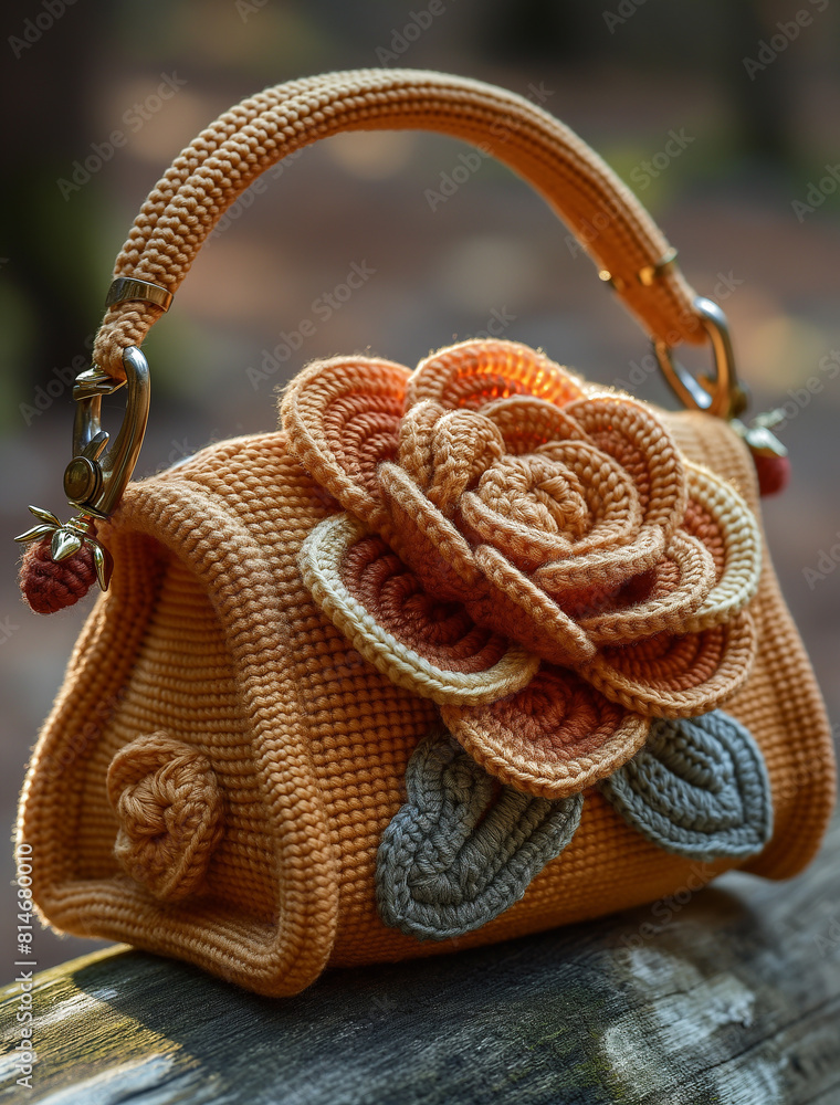 A mini handbag shaped like an oversized rose, made of knitted fabric in ...