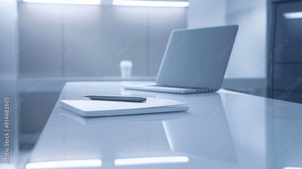 A close-up of a minimalist office desk, focusing on a high-tech laptop ...