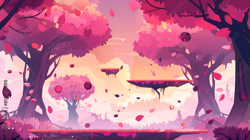 Pink forest game background with floating platforms. Vector cartoon ...