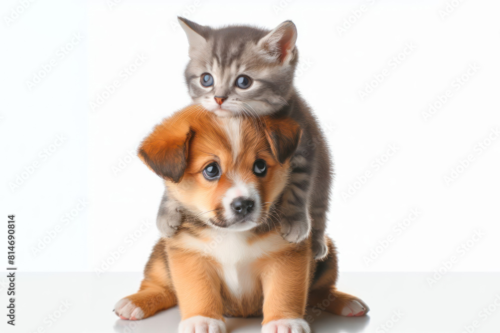 kitten climbing on dog head. young dog and young cat together. pet ...