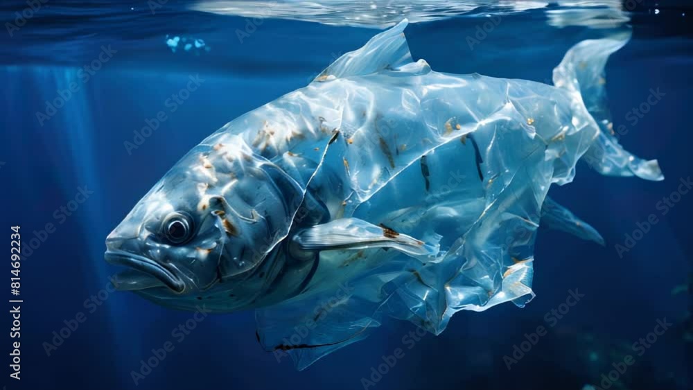 Fish made from plastic ensnared in a transparent plastic bag underwater ...