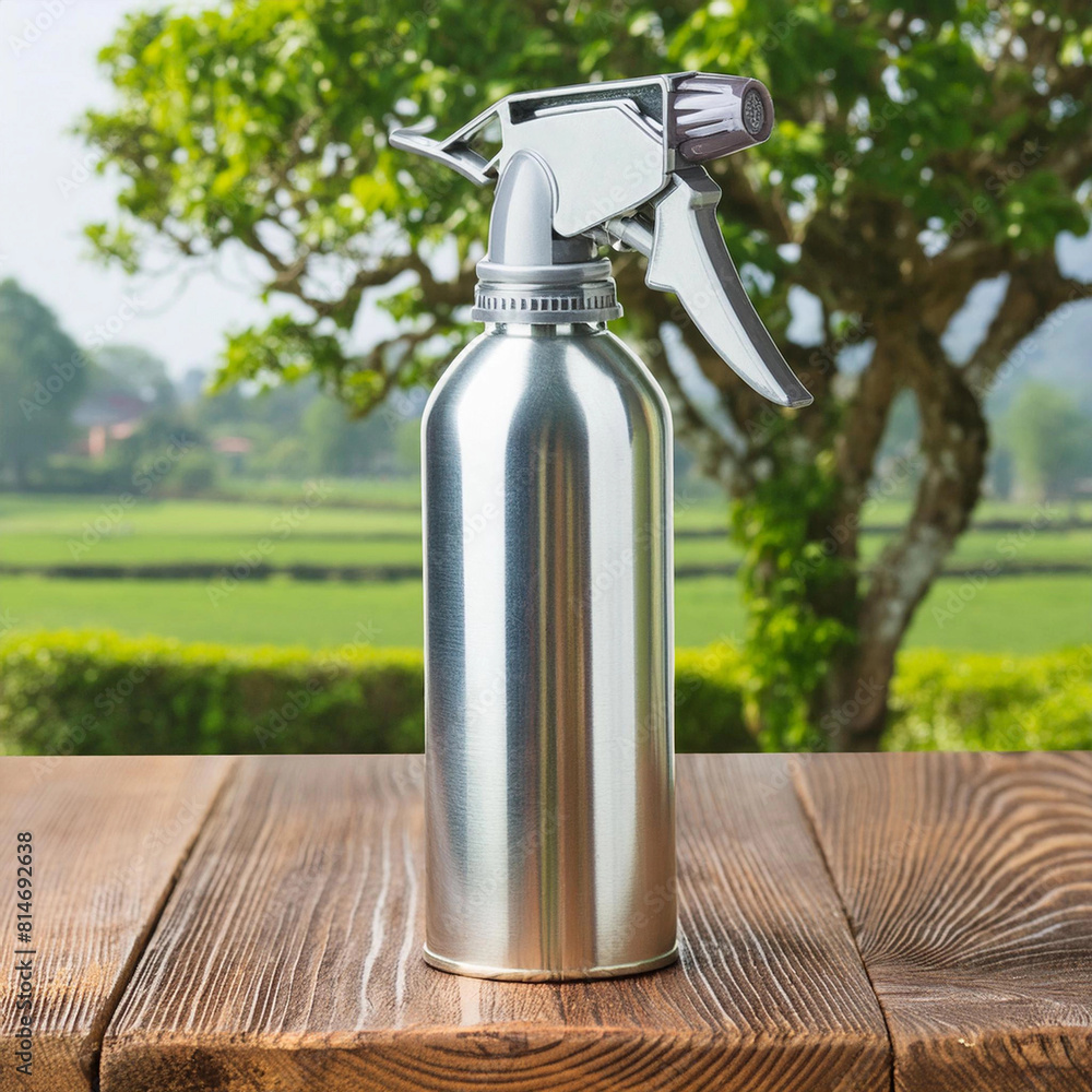 plain shiny metal spray can aerosol trigger sprayer mockup on wood ...