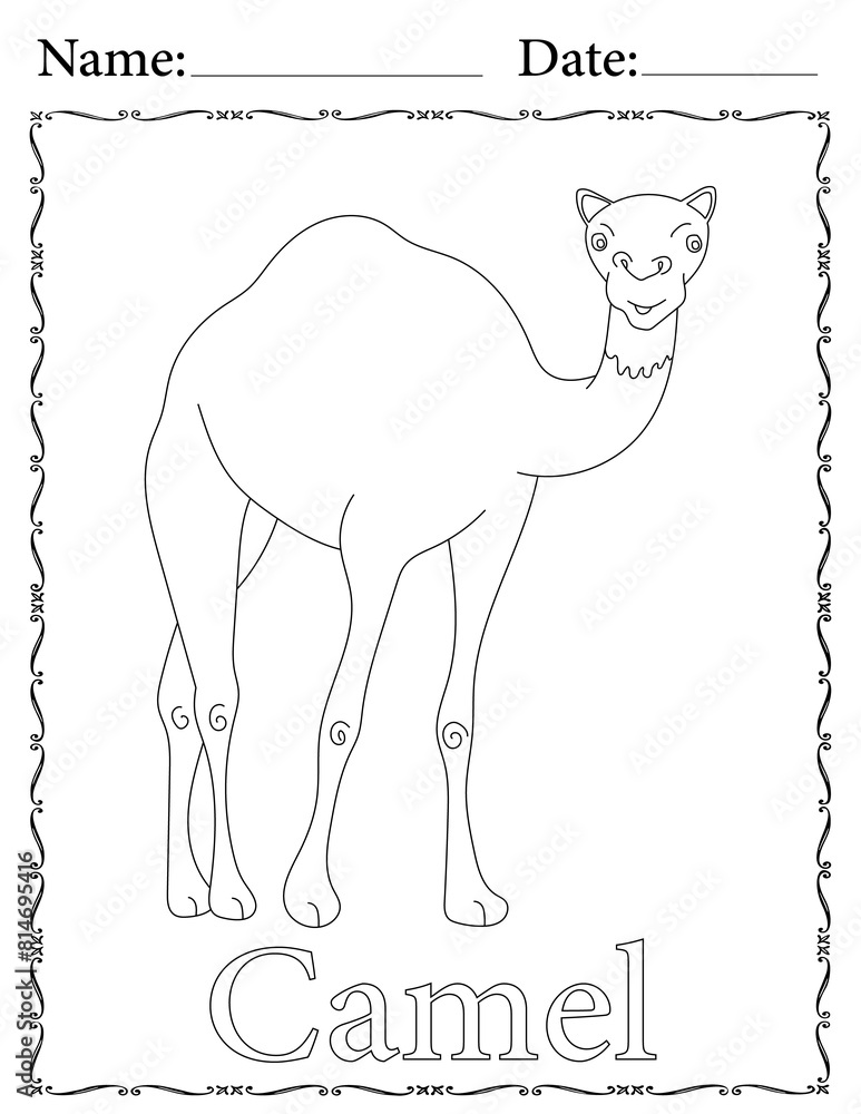 Camel Coloring Page. Printable Coloring Worksheet for Kids. Educational ...