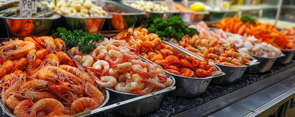 A variety of fresh seafood is on display at a market. There are many ...