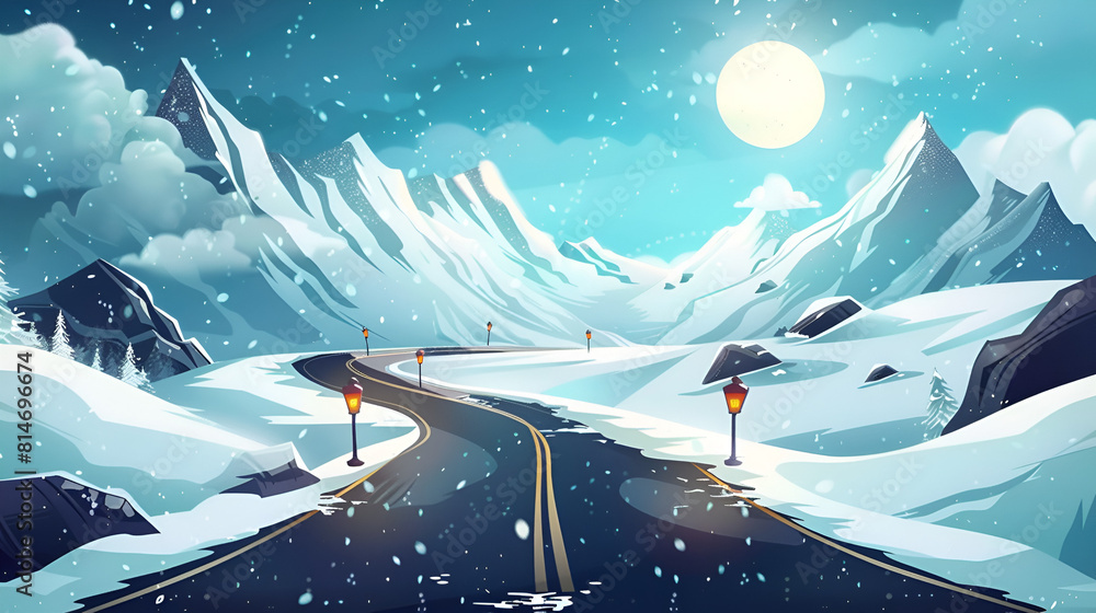 Curvy mountain road in snowy weather. Vector cartoon illustration of ...