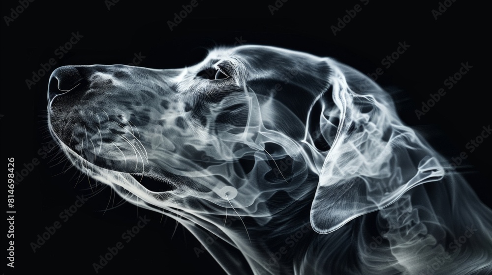 X-ray scan of dog head. A majestic dog is pictured exhaling mysterious ...