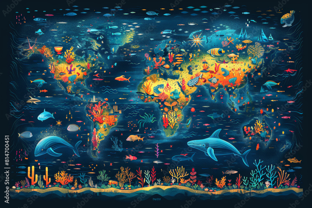 Fantastically detailed marine map illustration featuring diverse marine ...