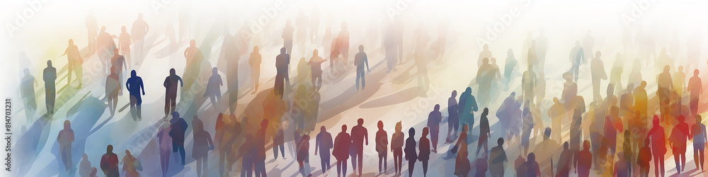 long narrow panoramic view multi colored crowd top view, multicultural ...