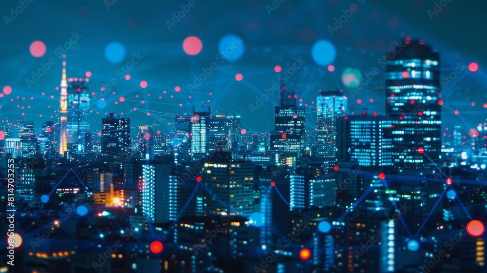 Modern metropolis with wireless network connection and urban landscape ...