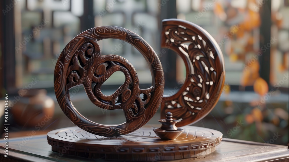 wooden sculpture with a round base and two interlocking rings. The ...