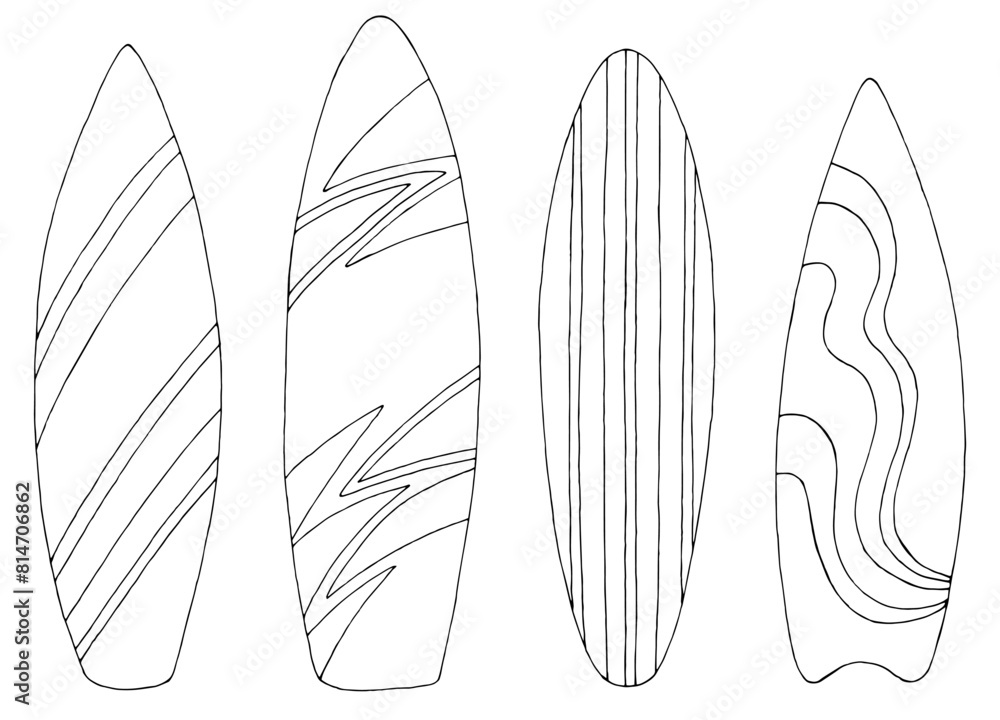 Surfboard set graphic black white isolated sketch illustration vector ...