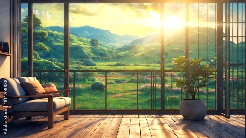 living room interior with windows with natural views of rivers and ...