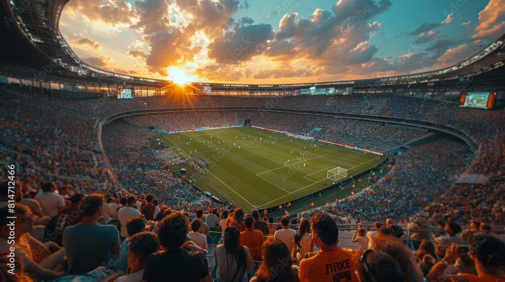 A large soccer stadium filled with cheering fans at sunset, watching an ...