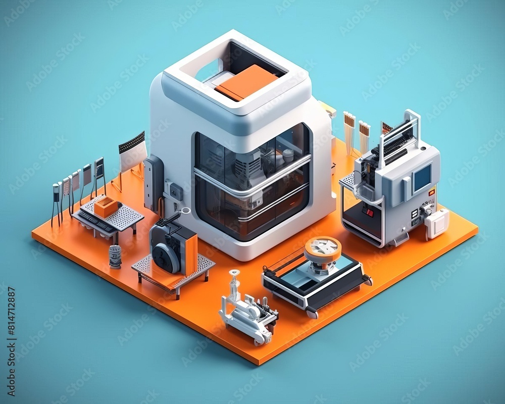 Technology 3D printing workshop flat design top view prototyping services theme 3D render ...