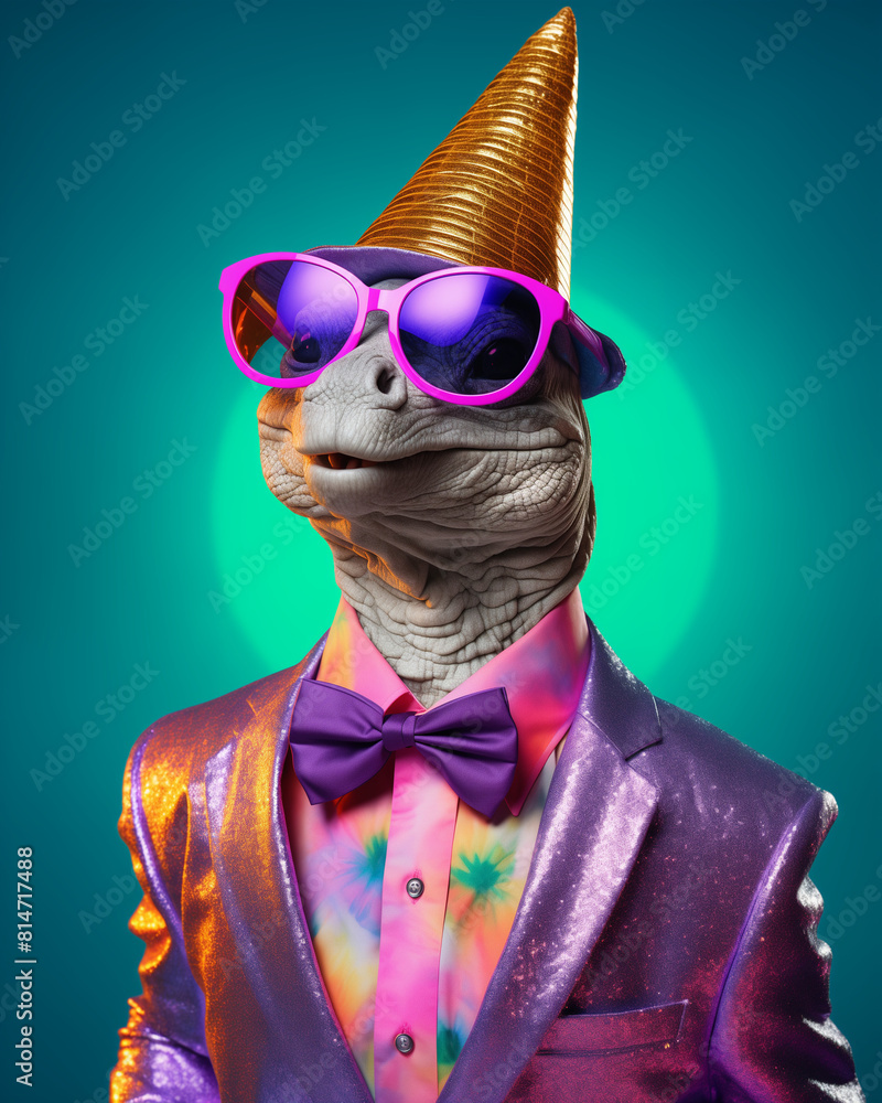 Anthropomorphic turtle dressed in vibrant party attire, including ...