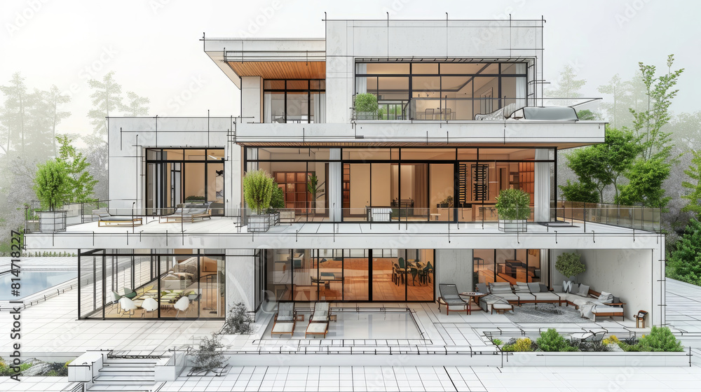 Architectural Model of a Modern Residential House on Blueprints Stock ...