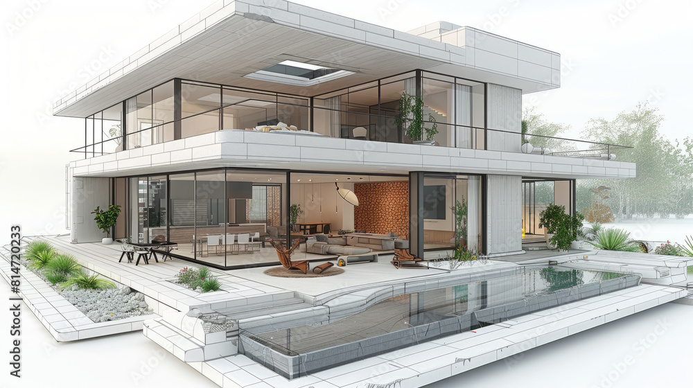 Architectural Model of a Modern Residential House on Blueprints Stock ...