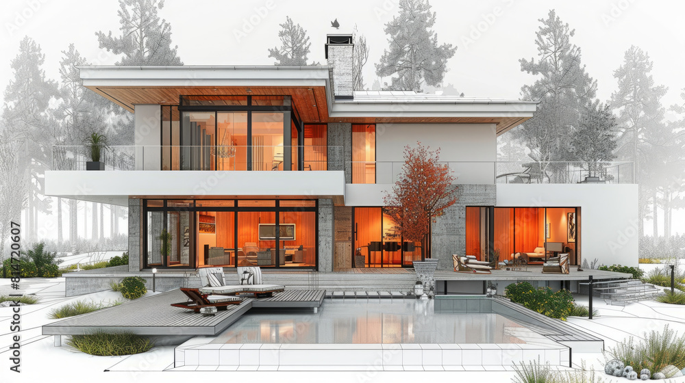 Architectural Model of a Modern Residential House on Blueprints Stock ...