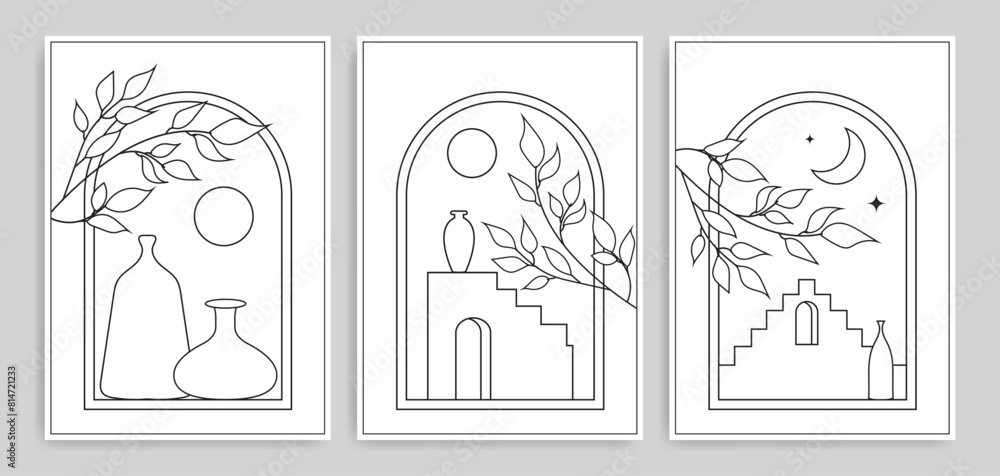 Abstract minimalist boho landscape coloring page, vector wall art or ...