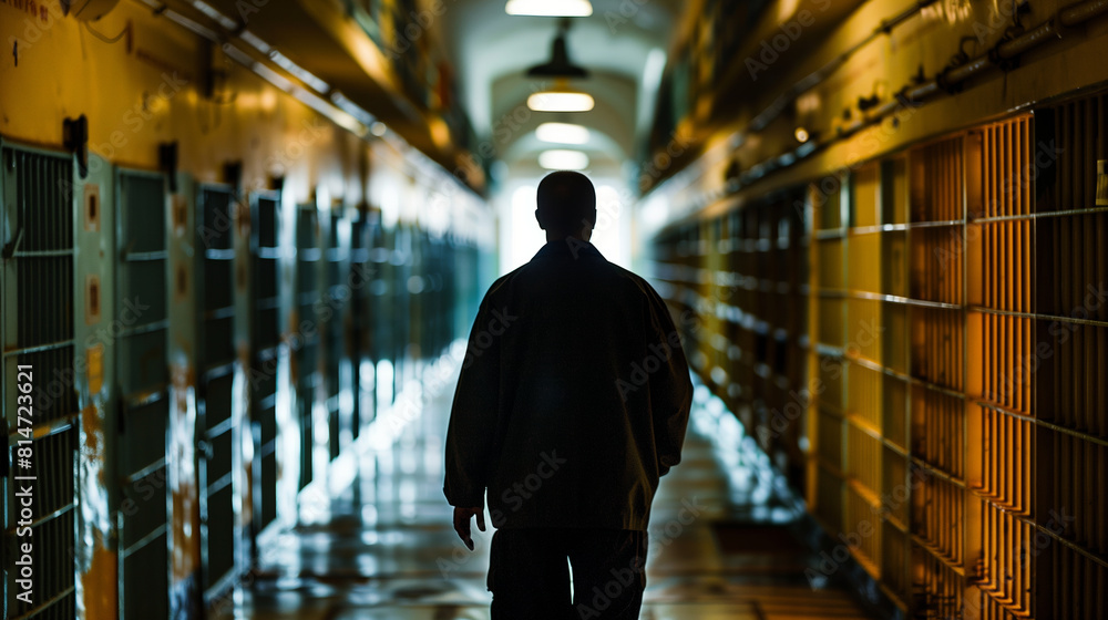 Silhouette of a man standing in a prison corridor, highlighted by dim ...