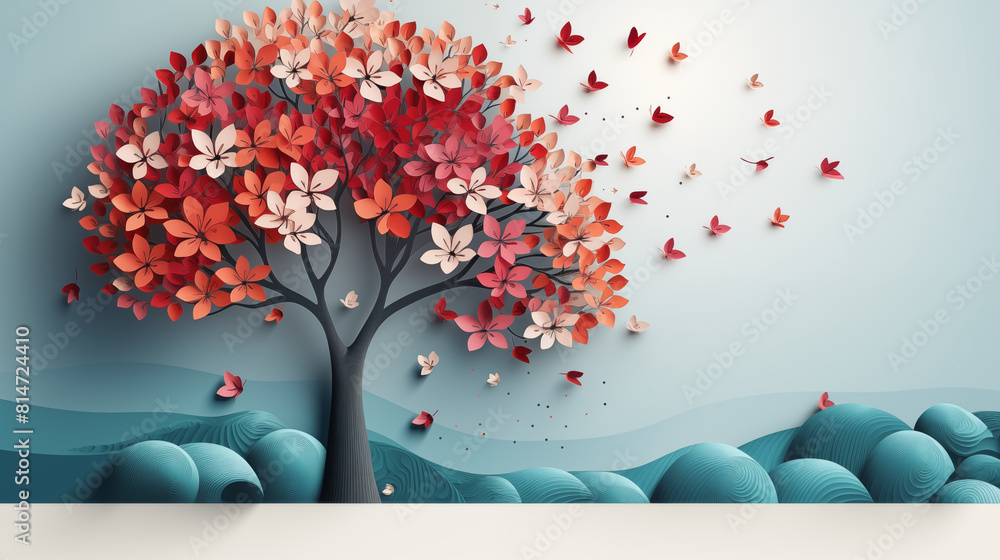 Papercraft tree with vibrant red and orange leaves, surrounded by blue ...
