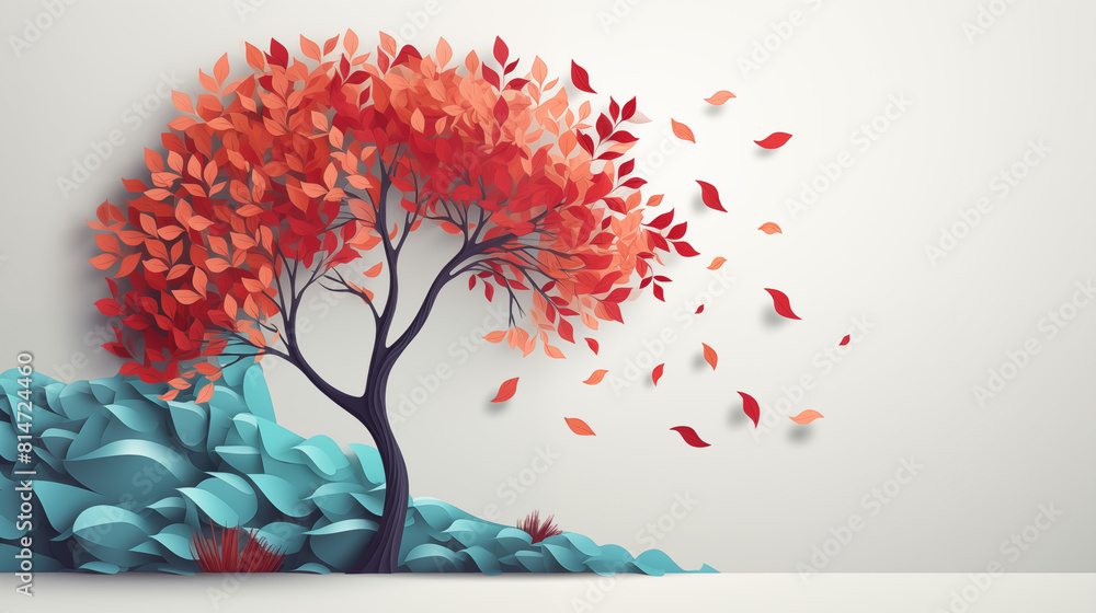Papercraft tree with red and orange leaves on a rocky landscape, set ...