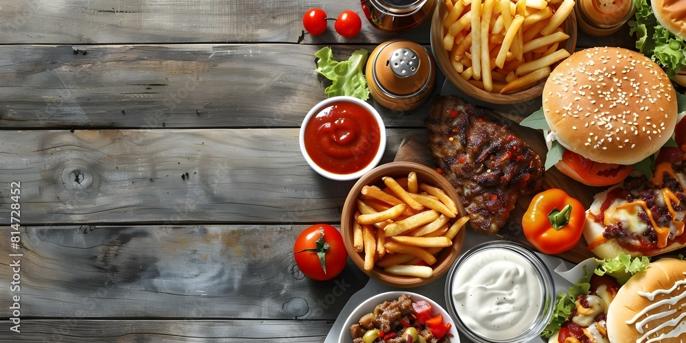 Overhead view of a table filled with fast food items. Concept Fast Food ...