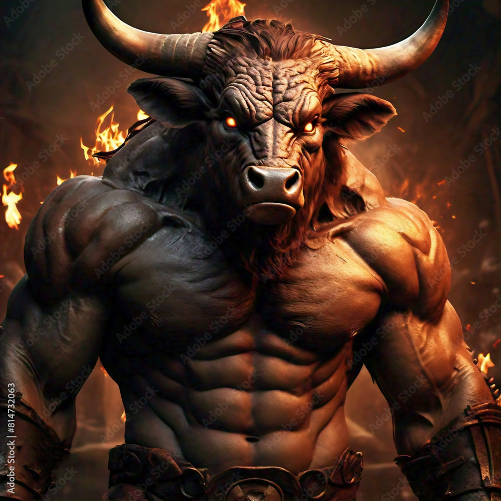 fantasy illustration of a humanoid muscular male bull with big horns on ...