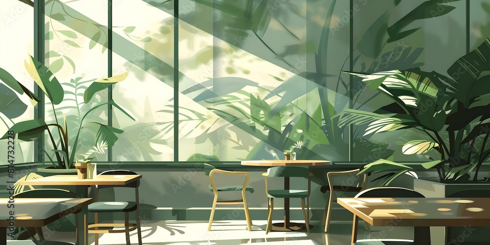 Animestyle cafe background with plants for a game or visual novel ...