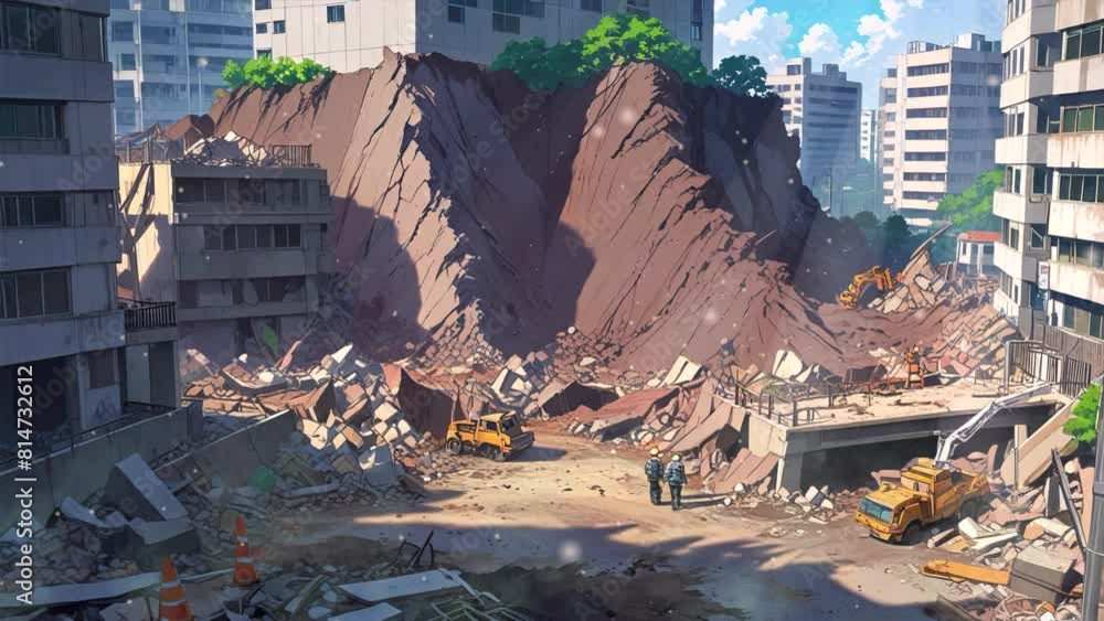 Cracks and damages riddle the buildings and streets of this cartoon ...